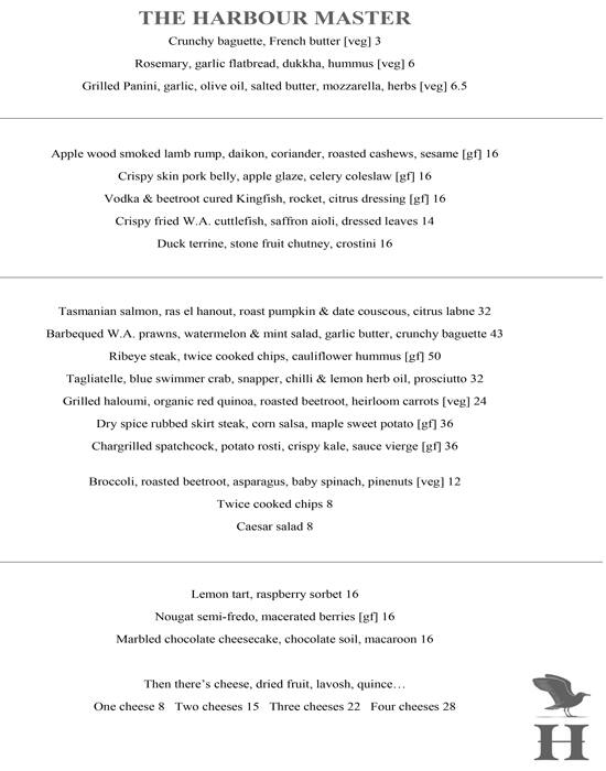 Menu at The Harbour Master pub & bar, Fremantle