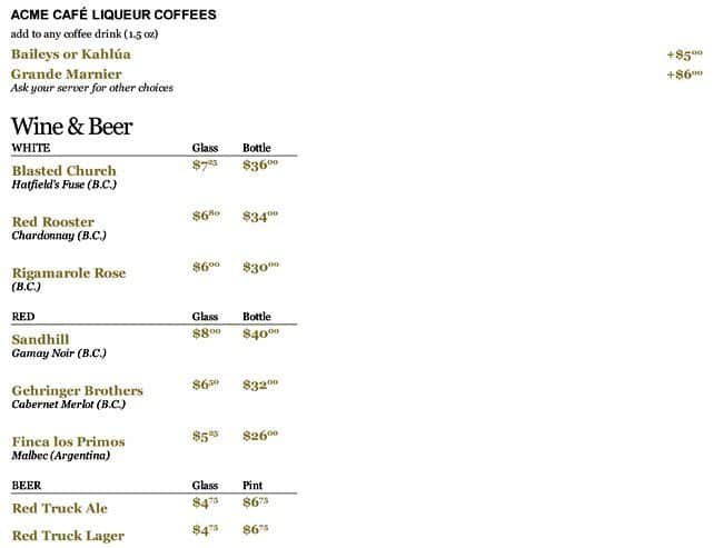 Menu at Acme Cafe, Vancouver