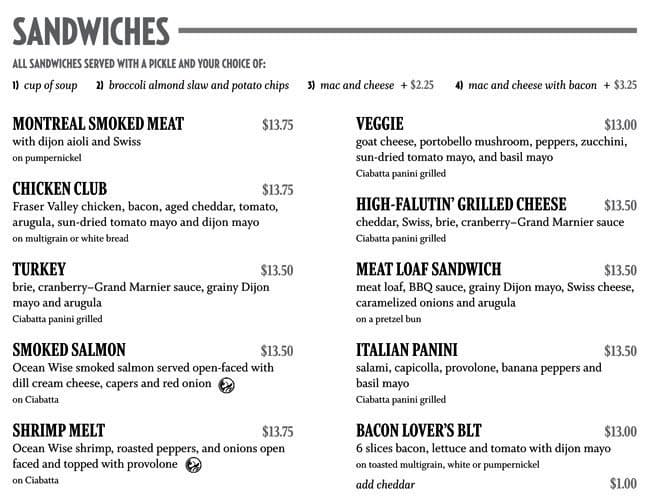 Menu at Acme Cafe, Vancouver