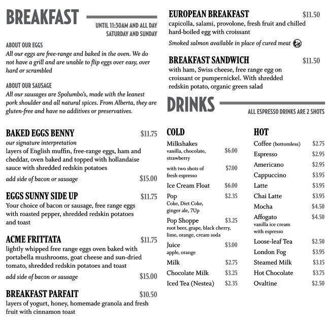 Menu at Acme Cafe, Vancouver