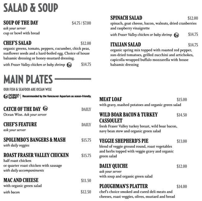 Menu at Acme Cafe, Vancouver