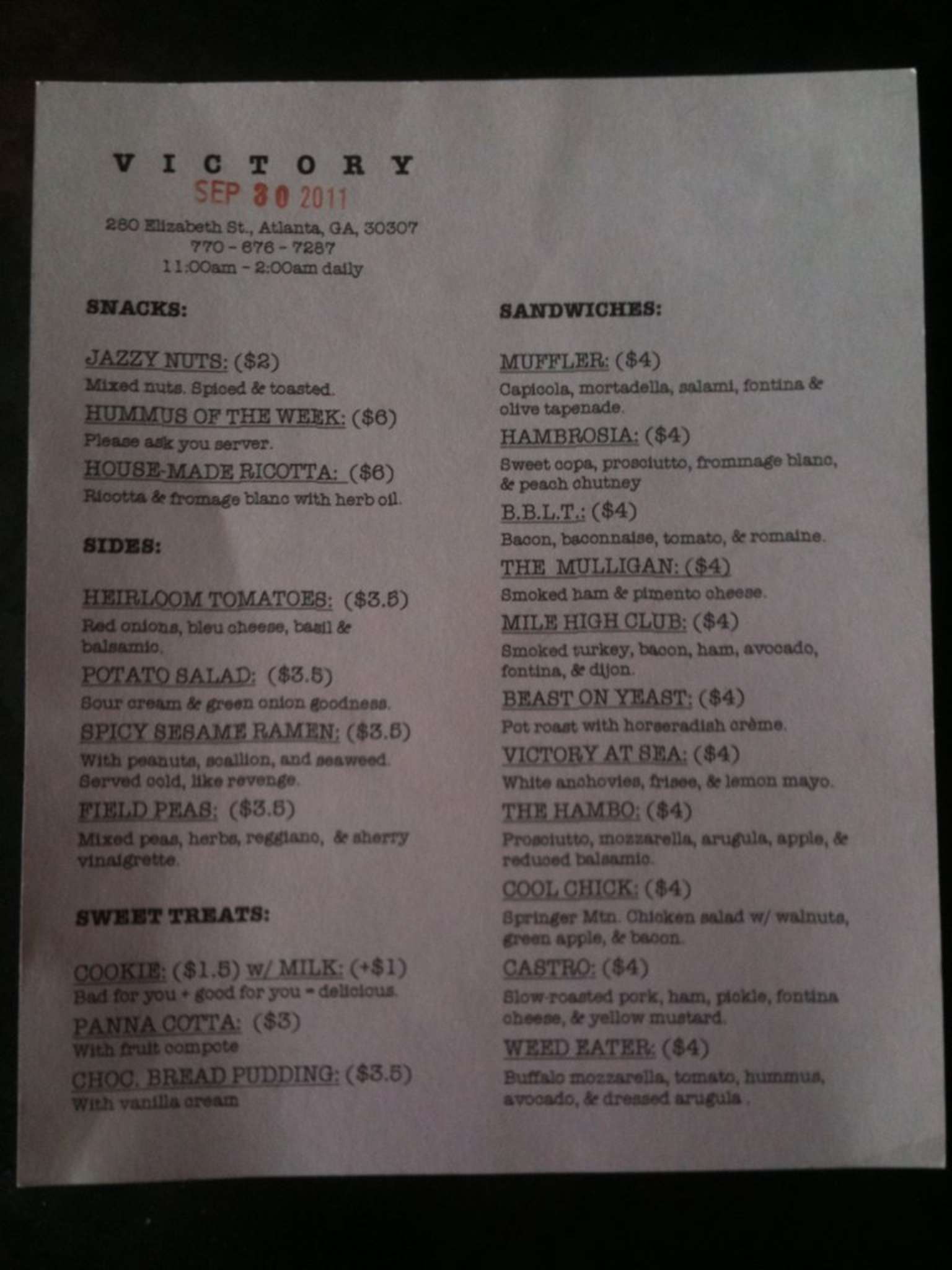 Victory Sandwich Bar Menu, Menu for Victory Sandwich Bar, Inman Park ...