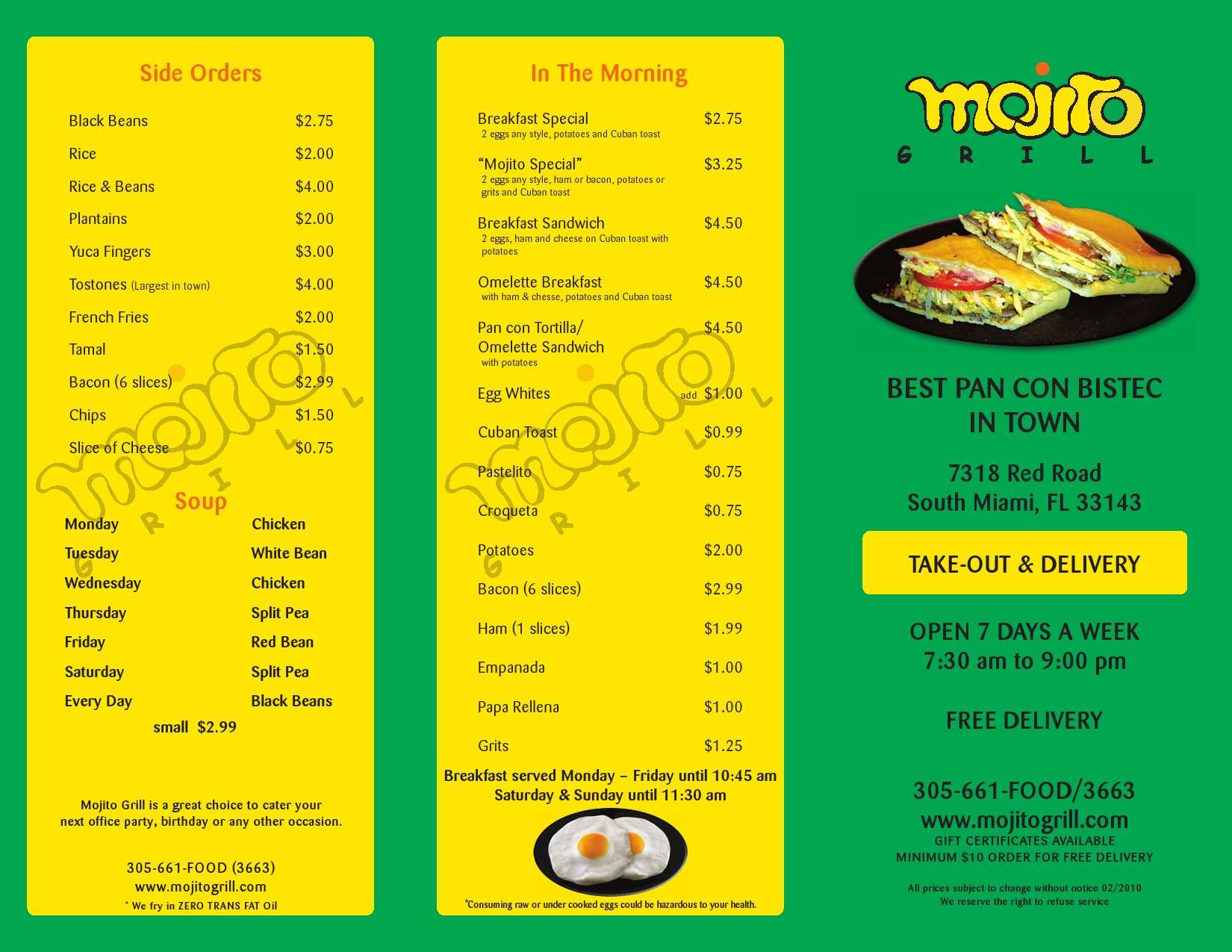 Menu at Mojito Grill restaurant, South Miami, SW 57th Ave
