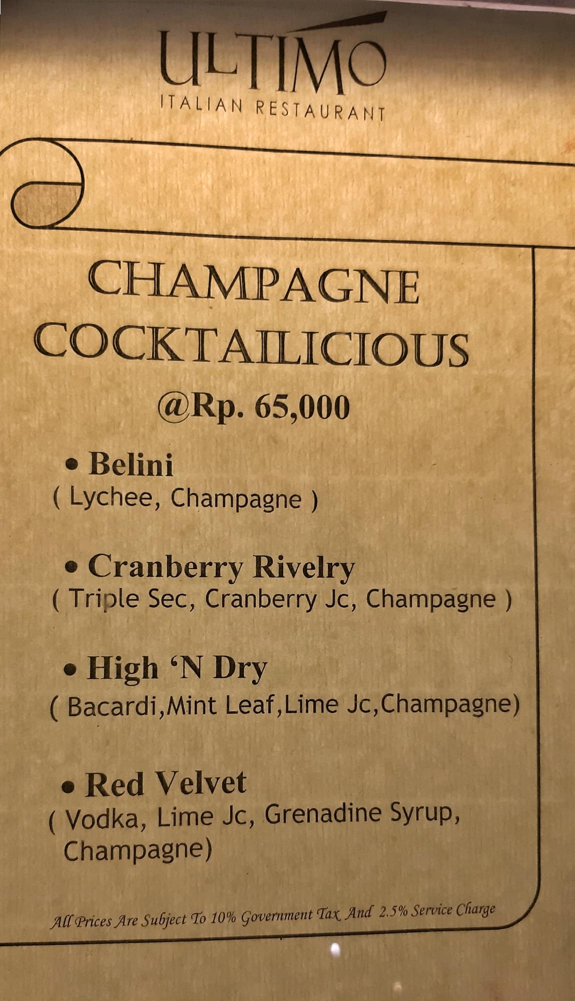 Menu at Ultimo restaurant, Kuta