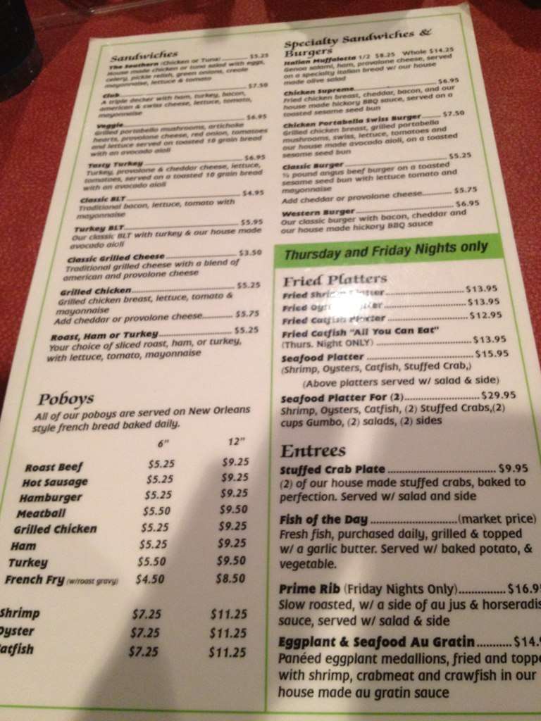 Menu at LeBlanc's Creole Kitchen restaurant, Slidell