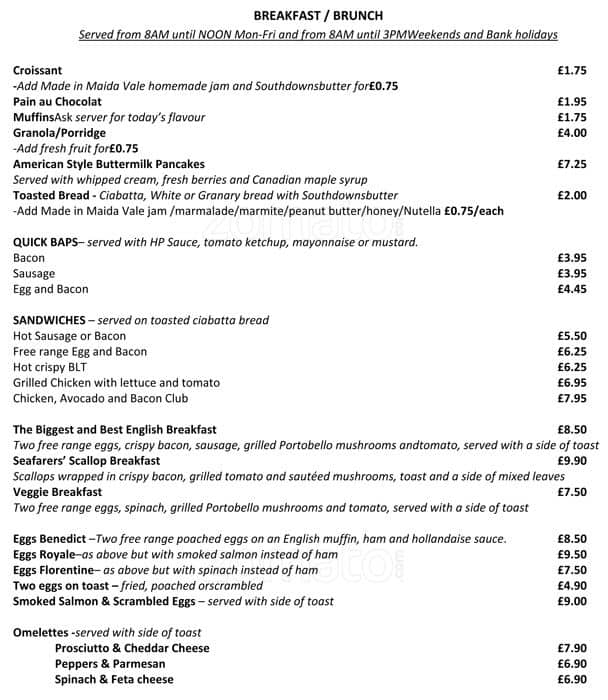 Menu at Molly's cafe, London, 28 Clifton Rd