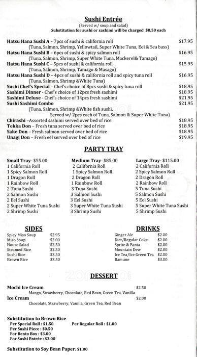 Menu at Hatsu Hana restaurant, Chicago