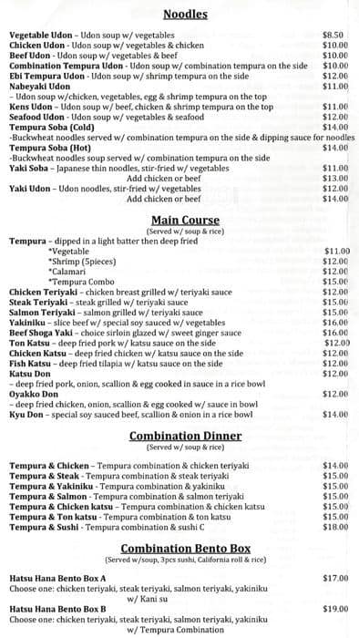 Menu at Hatsu Hana restaurant, Chicago