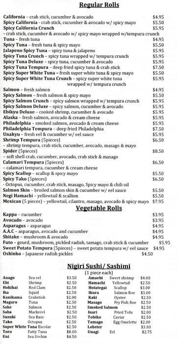Menu at Hatsu Hana restaurant, Chicago