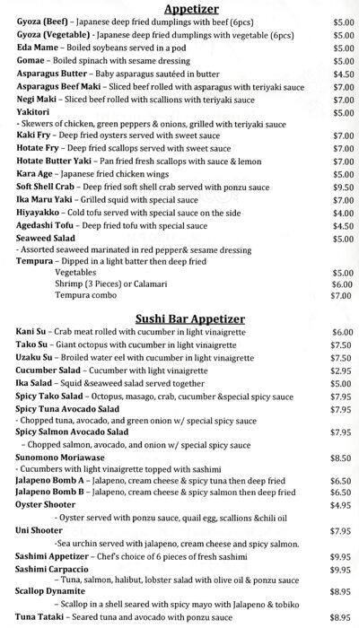 Menu at Hatsu Hana restaurant, Chicago