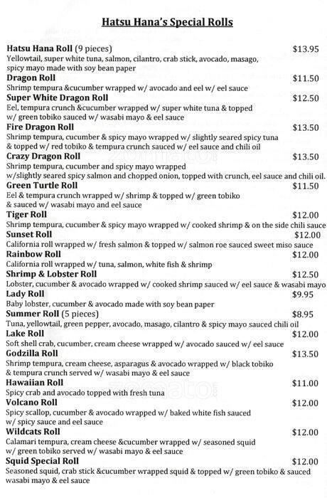 Menu at Hatsu Hana restaurant, Chicago
