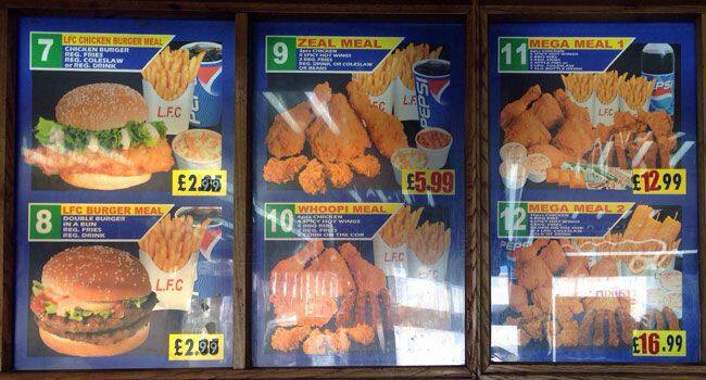 Menu at LFC Chicken restaurant, London, 56 Deptford Broadway