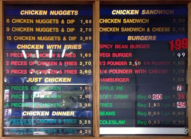 Menu at LFC Chicken restaurant, London, 56 Deptford Broadway