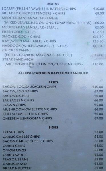 Menu at Cassoni's restaurant, Bray