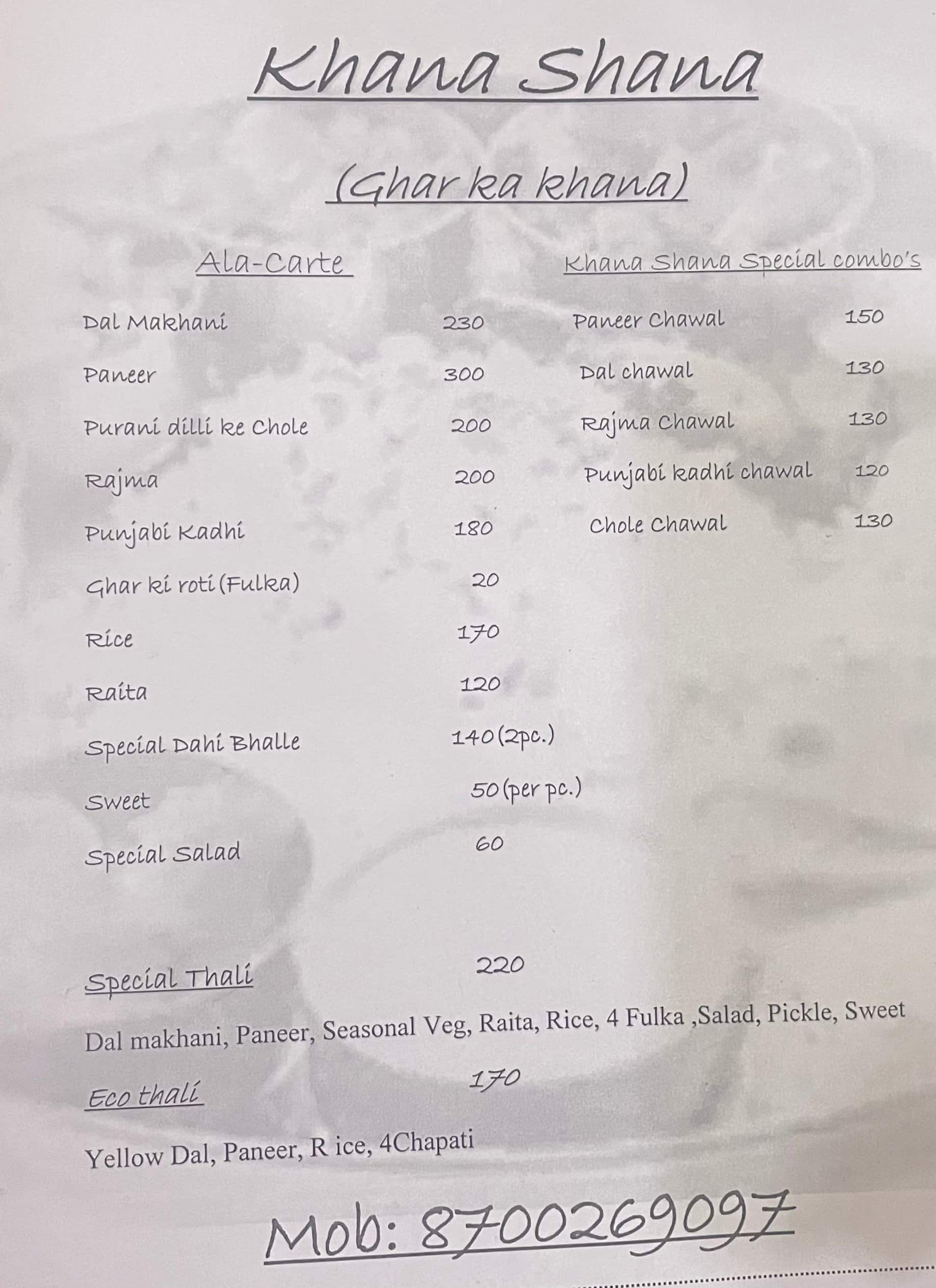 Menu of Khana Shana, Sector 45, Noida