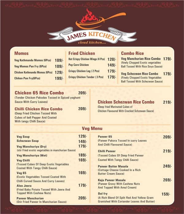 Menu of James Kitchen, Basheer Bagh, Hyderabad