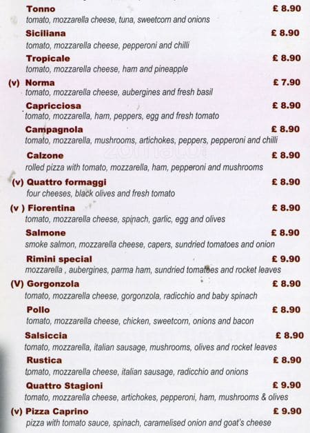 Menu at Rimini Restaurant, London