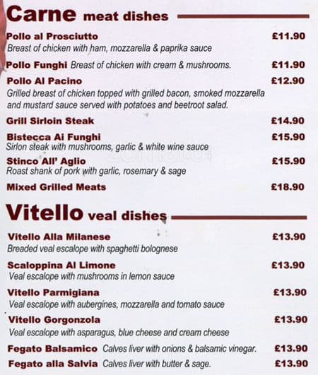 Menu at Rimini Restaurant, London