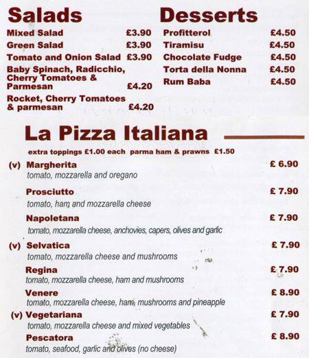 Menu at Rimini Restaurant, London