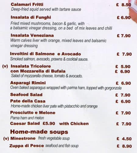 Menu at Rimini Restaurant, London