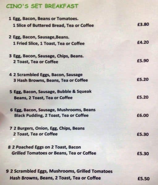Menu at Cinos Cafe, London