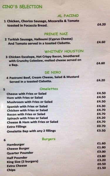Menu at Cinos Cafe, London