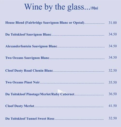 Menu at The Blue Peter Hotel pub & bar, Cape Town