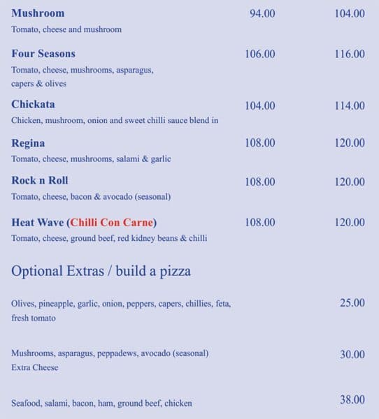 Menu at The Blue Peter Hotel pub & bar, Cape Town