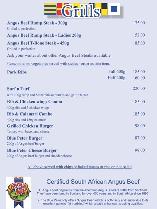 Menu at The Blue Peter Hotel pub & bar, Cape Town
