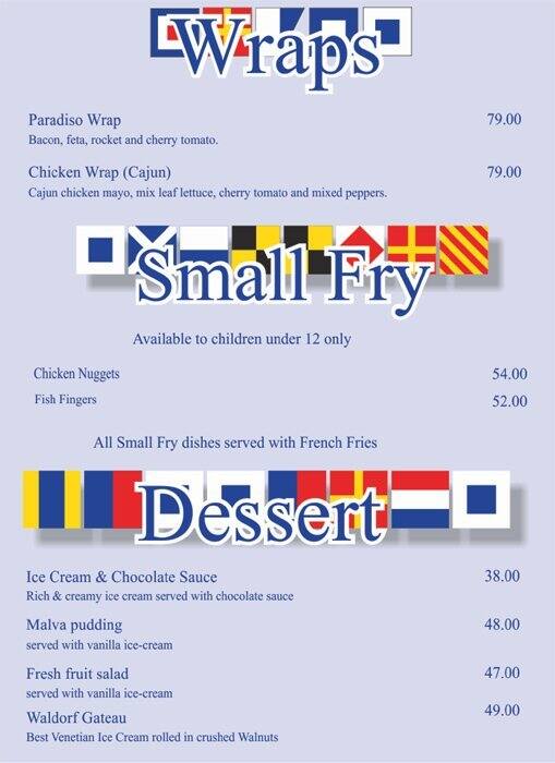 Menu at The Blue Peter Hotel pub & bar, Cape Town