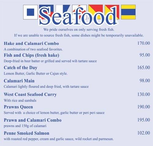 Menu at The Blue Peter Hotel pub & bar, Cape Town