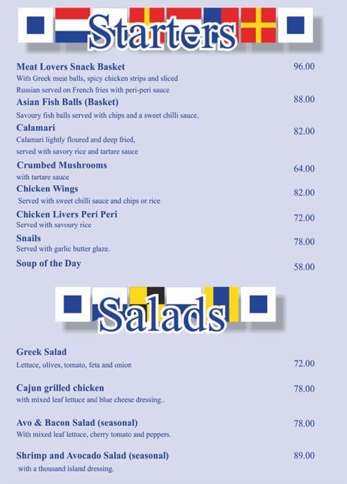 Menu at The Blue Peter Hotel pub & bar, Cape Town