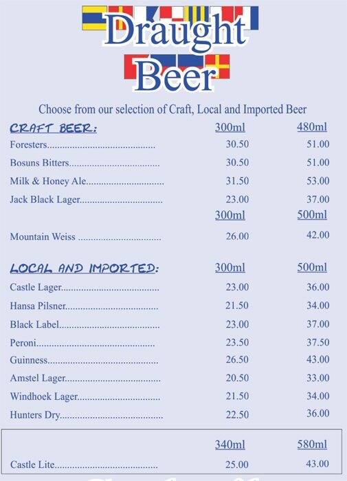 Menu at The Blue Peter Hotel pub & bar, Cape Town