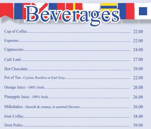 Menu at The Blue Peter Hotel pub & bar, Cape Town