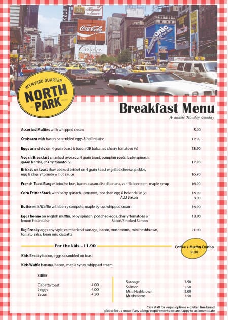 Menu at North Park pizzeria, Auckland