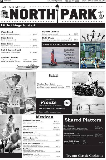 Menu at North Park pizzeria, Auckland