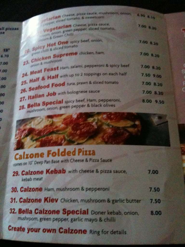 Menu at Bella Pizza, Northwich