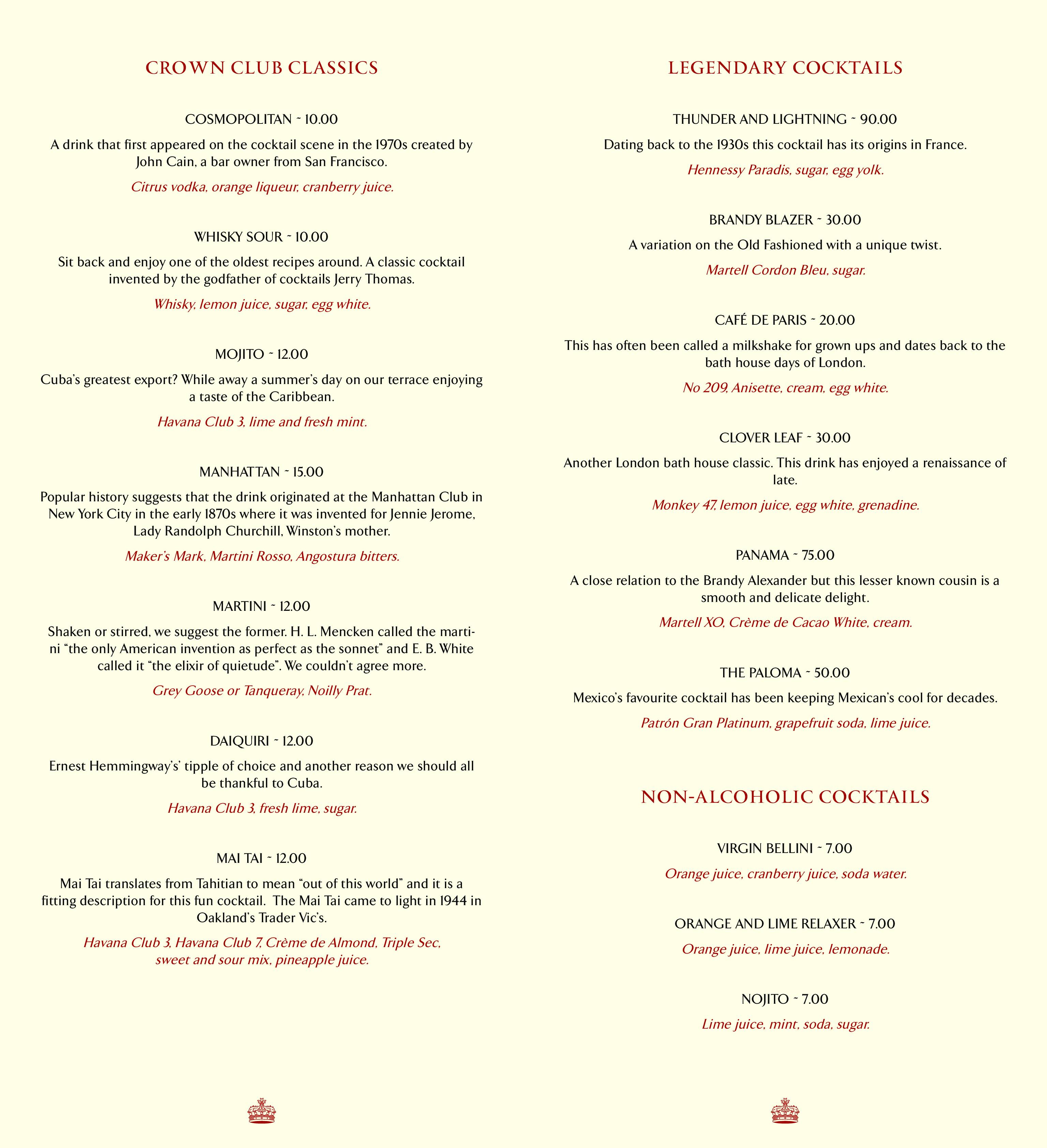 Menu at The Crown Club, England