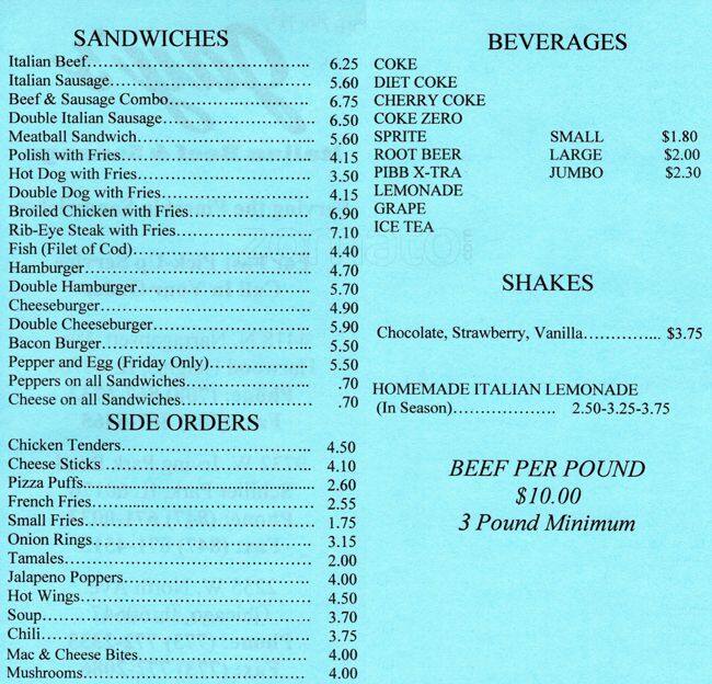 Jay's Beef Menu, Menu for Jay's Beef, Wicker Park, Chicago - Urbanspoon ...