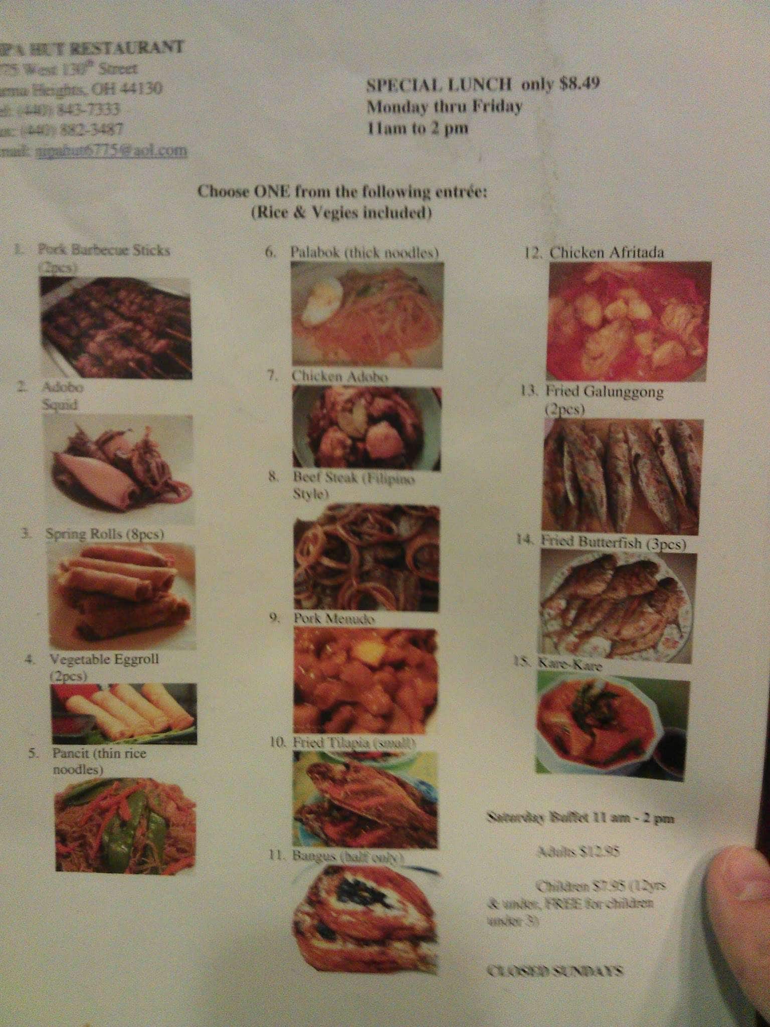 Menu at Nipa Hut restaurant, Parma Heights