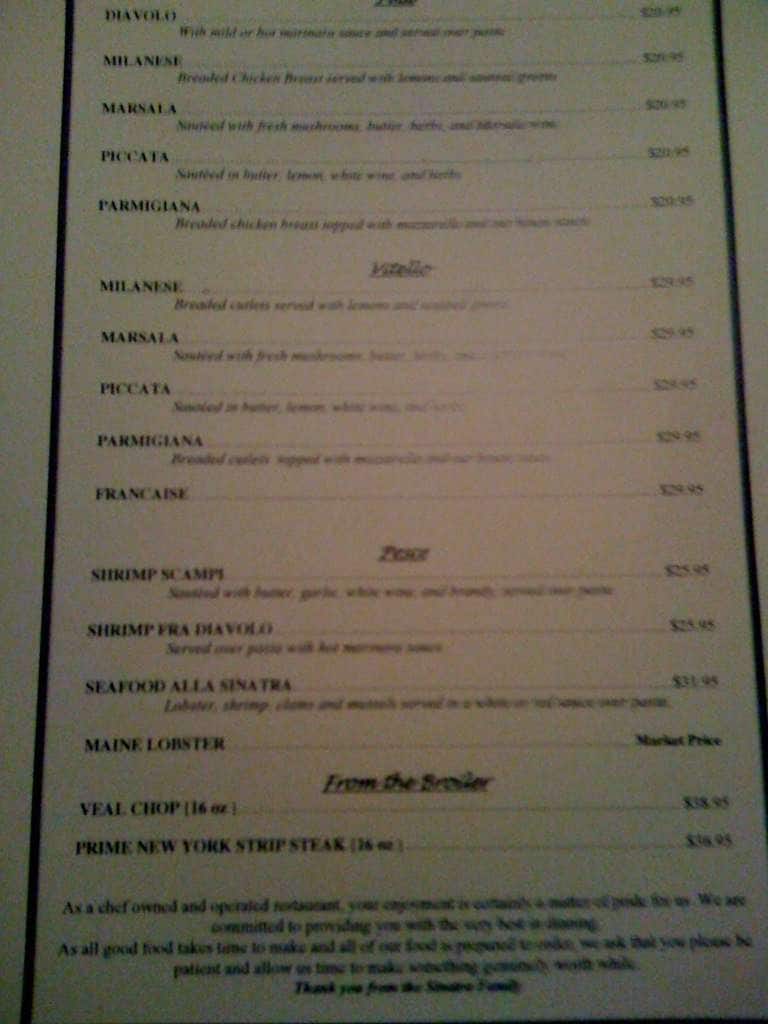 Menu at Sinatras restaurant, Buffalo
