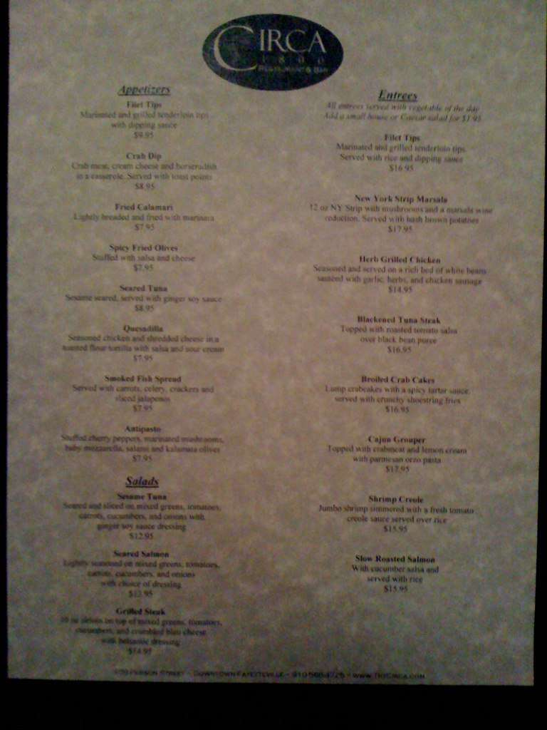 Menu at Circa 1800 pub & bar, Fayetteville
