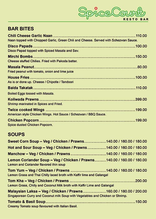 Menu of Spice Court, Baner, Pune