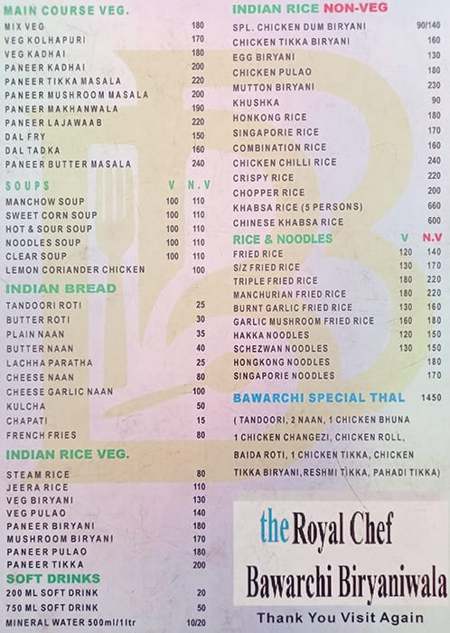 Menu of The Royal Chef Bawarchi Biryaniwala, Mapusa, Goa