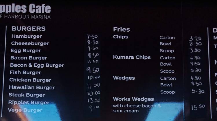 Menu at Ripples Cafe on the Marina, Auckland