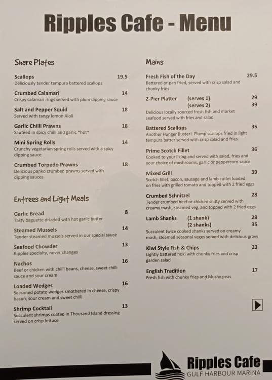 Menu at Ripples Cafe on the Marina, Auckland