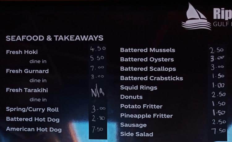 Menu at Ripples Cafe on the Marina, Auckland