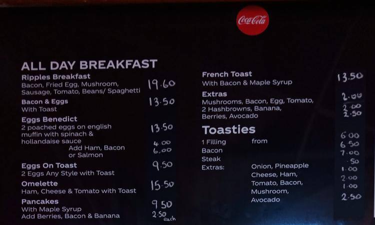 Menu at Ripples Cafe on the Marina, Auckland