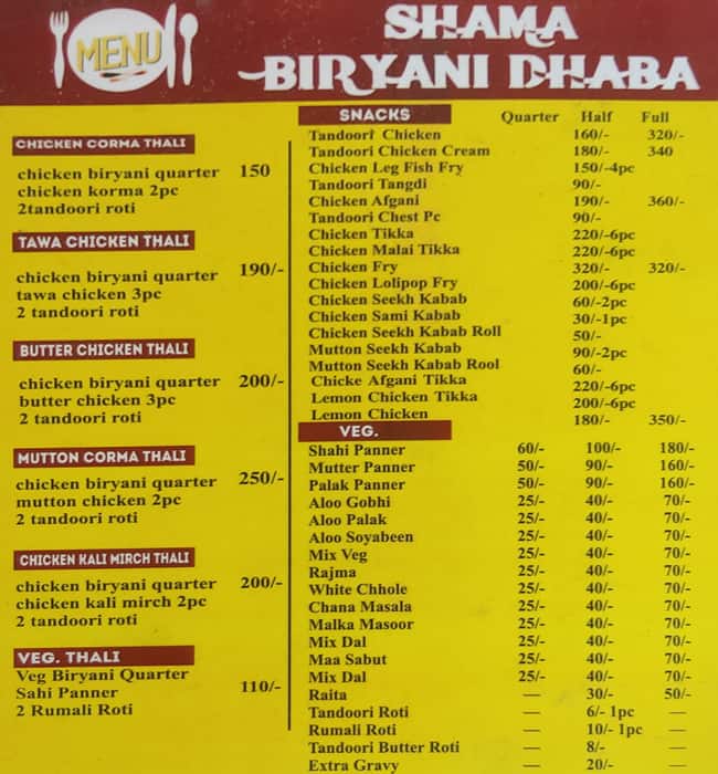 Menu of Shama Biryani Dhaba, Manimajra, Chandigarh