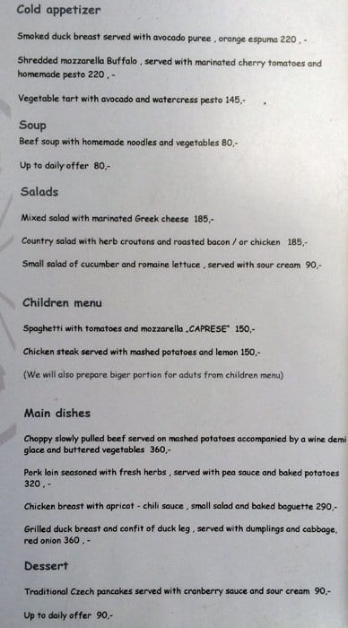 Menu at Monastery Garden Prague, Czech Republic